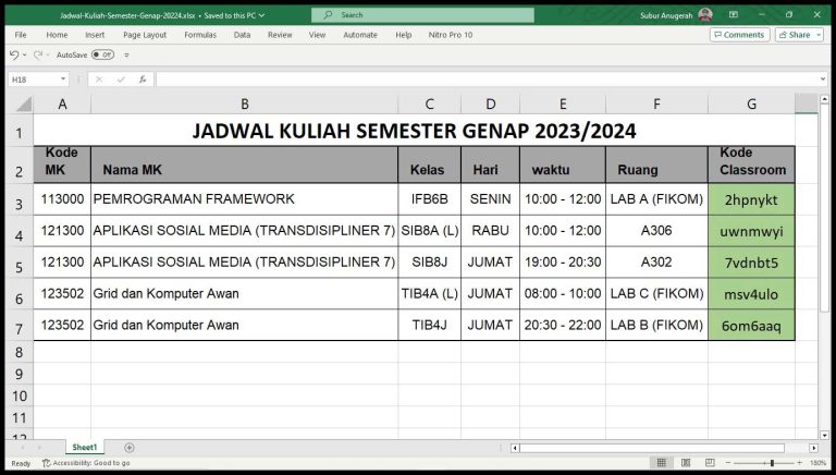 Jadwal Kuliah Semester Genap 2023/2024 dan Kode Classroom